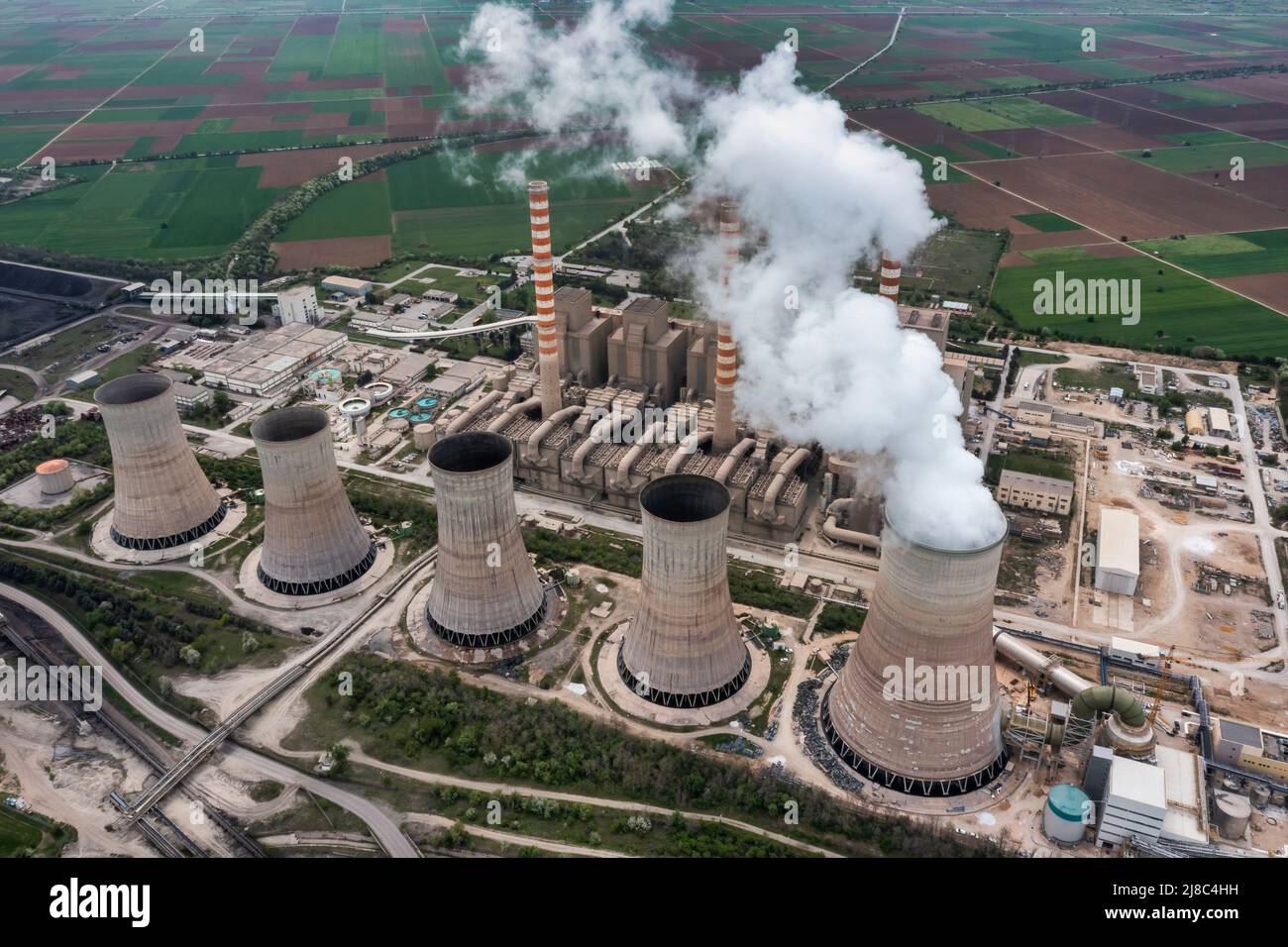 Aerial view the coal-fired power plant at Kozani in northern Greece ...