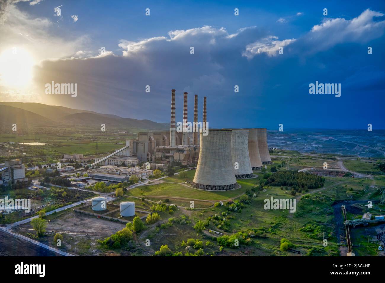 Aerial view the coal-fired power plant at Kozani in northern Greece ...