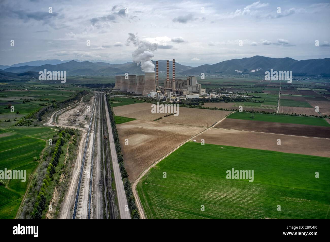 Aerial view the coal-fired power plant at Kozani in northern Greece ...