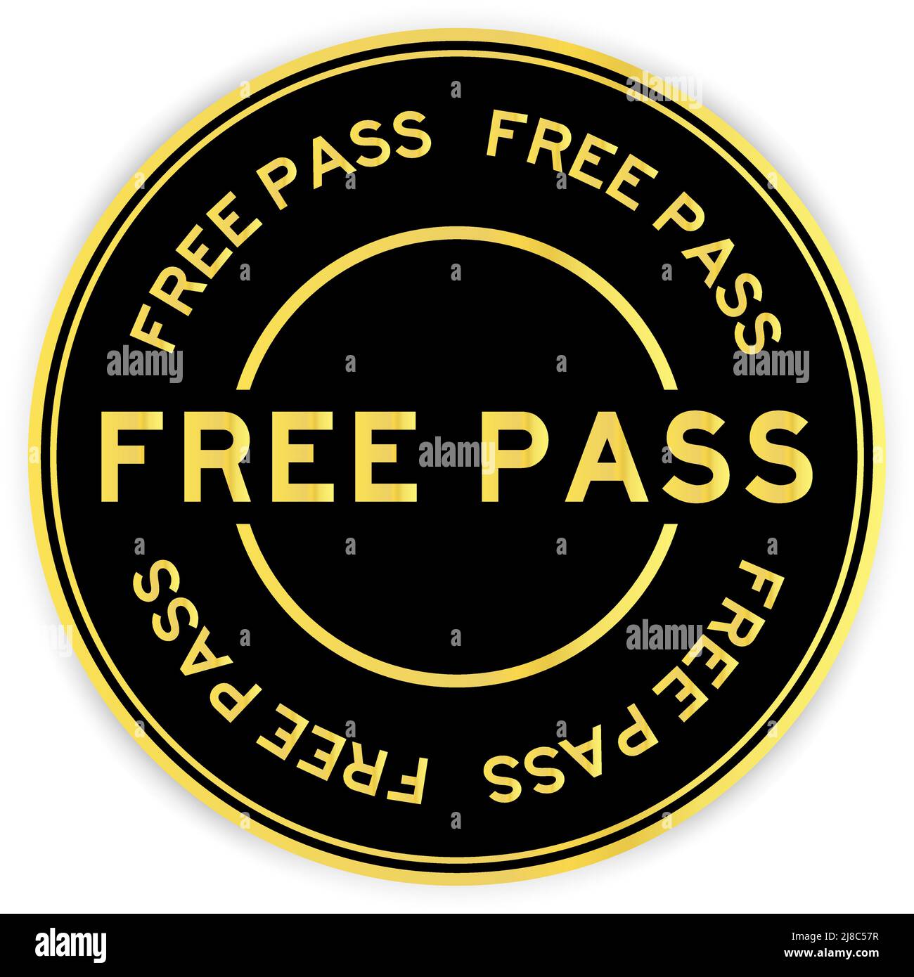 Black and gold color round label sticker with word free pass on white ...