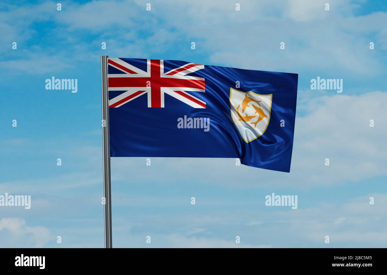 Anguilla national flag waving in the wind. Sky background 3D ...