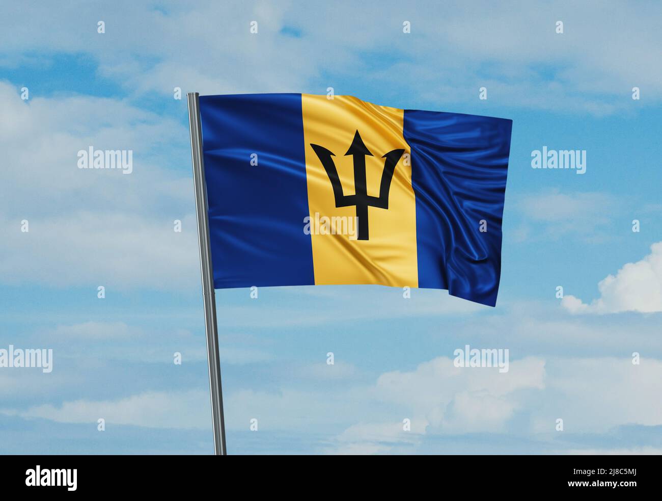 Barbados national flag waving in the wind. Sky background 3D ...