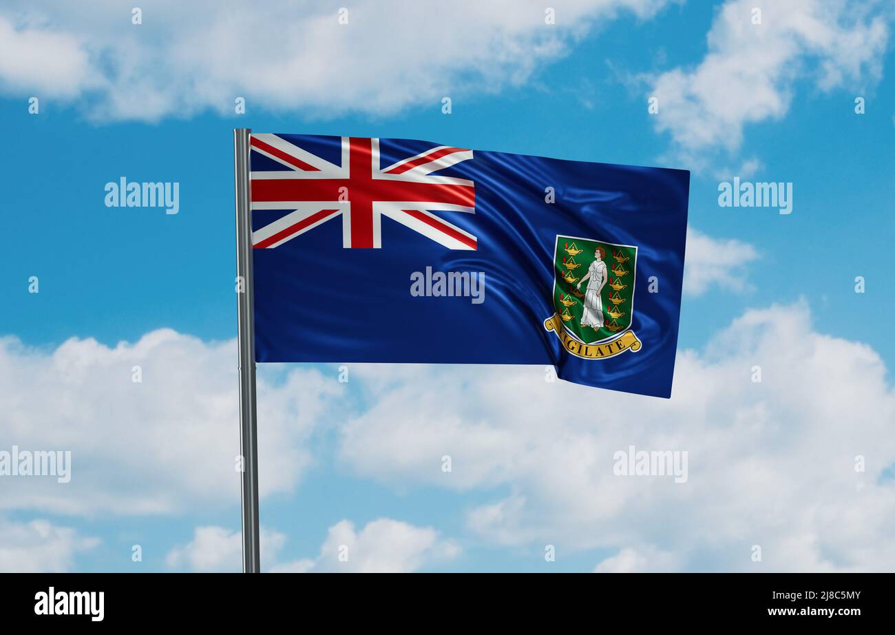British Virgin Islandsnational flag waving in the wind. Sky background ...