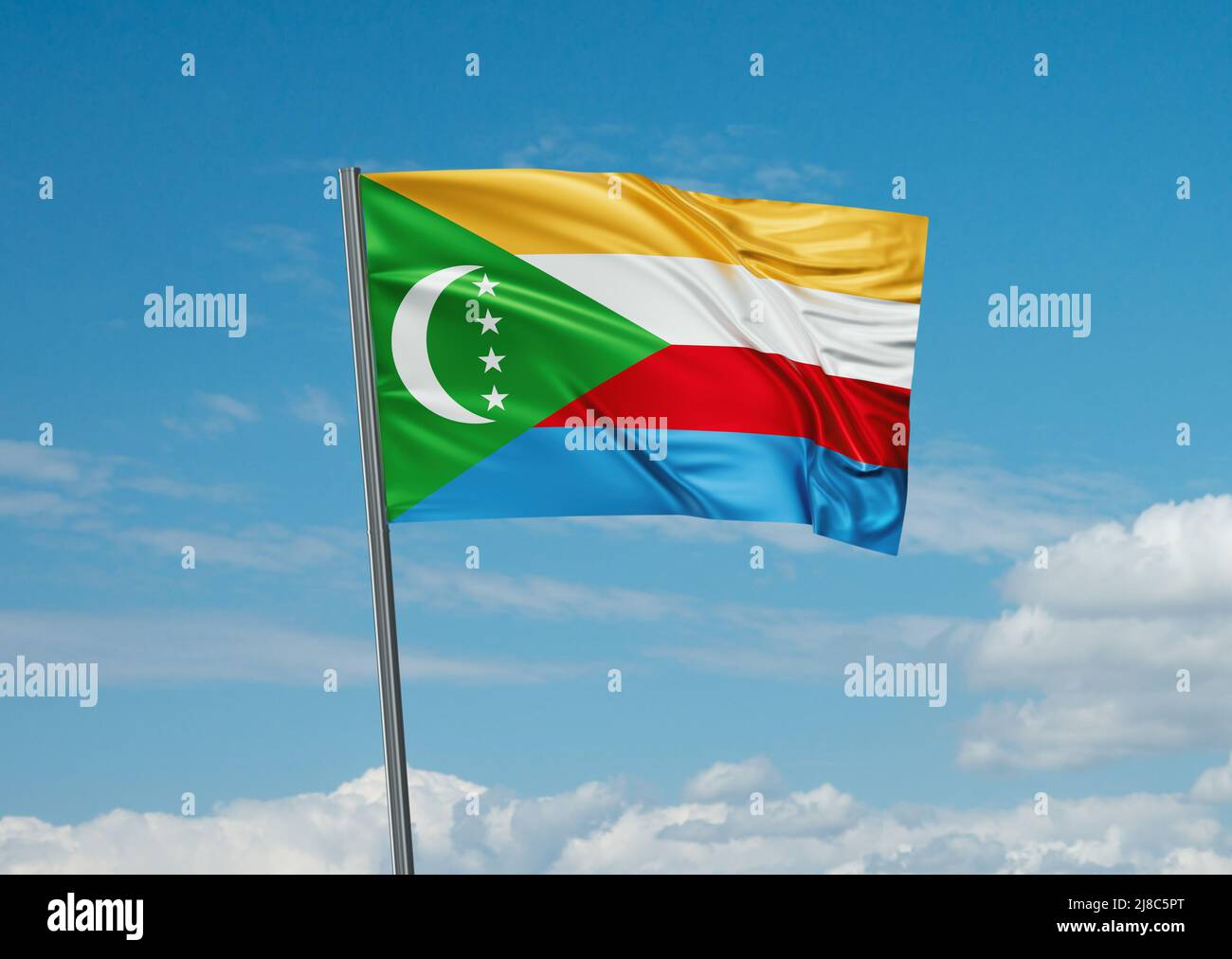 Comoros national flag waving in the wind. Sky background 3D ...