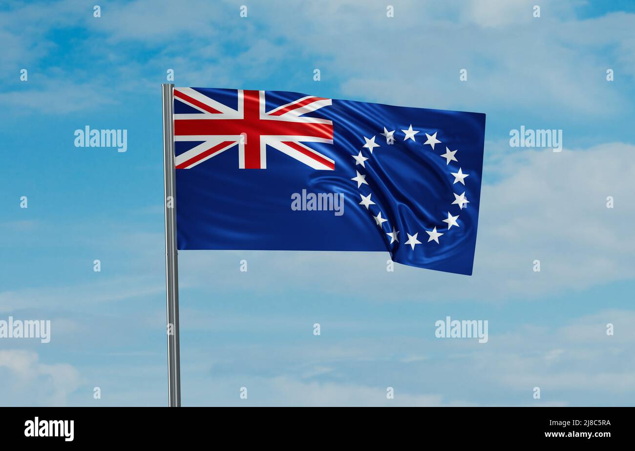 Cook Islands national flag waving in the wind. Sky background 3D ...