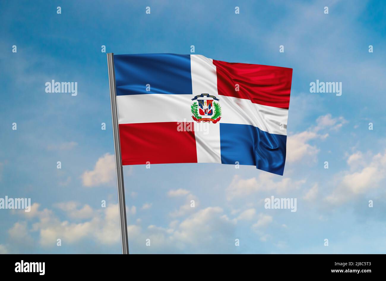 Dominican Republic national flag waving in the wind. Sky background 3D ...