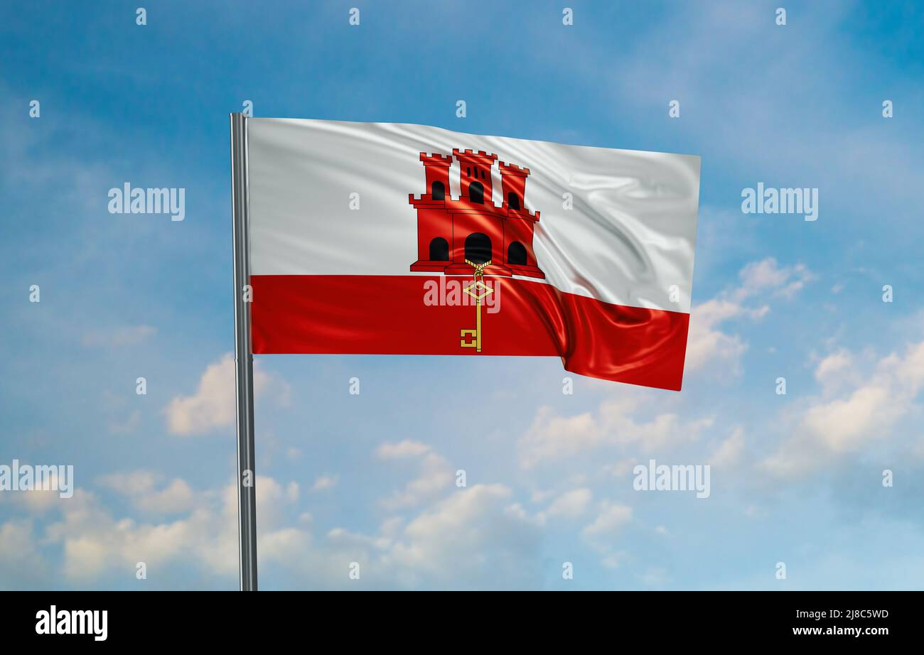 Gibraltar national flag waving in the wind. Sky background 3D ...