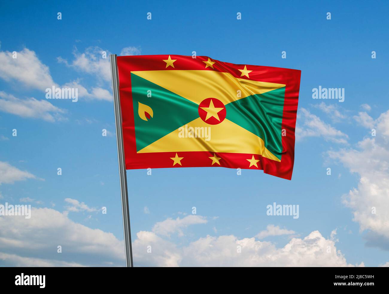 Grenada national flag waving in the wind. Sky background 3D ...
