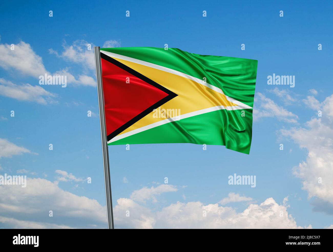Guyana national flag waving in the wind. Sky background 3D illustration Stock Photo - Alamy