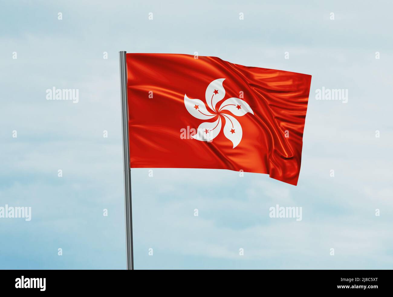 Hong Kong national flag waving in the wind. Sky background 3D illustration Stock Photo - Alamy