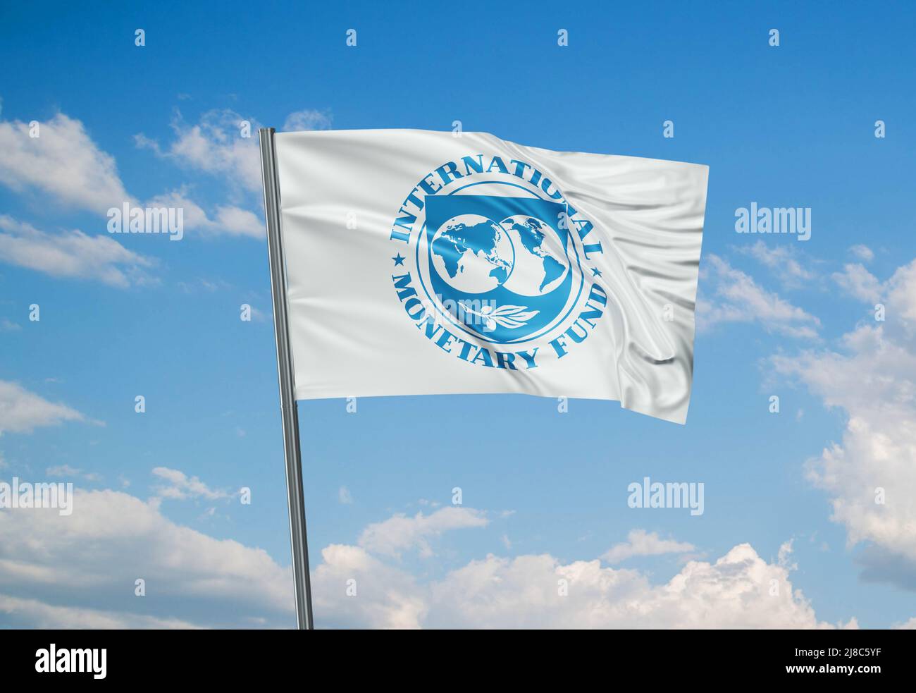 International Monetary Fund IMF national flag waving in the wind. Sky ...