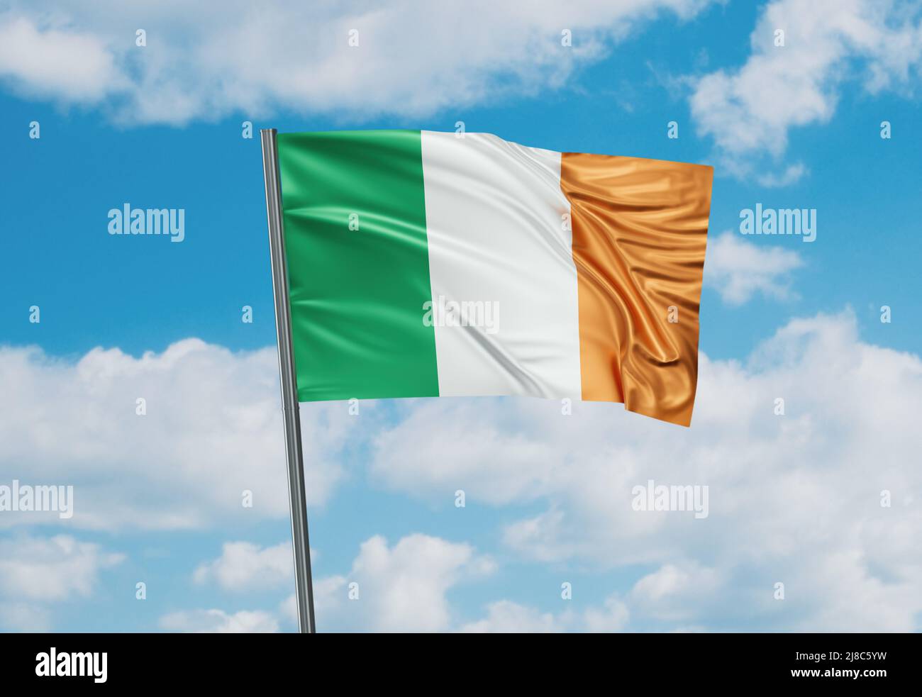 Ireland national flag waving in the wind. Sky background 3D ...