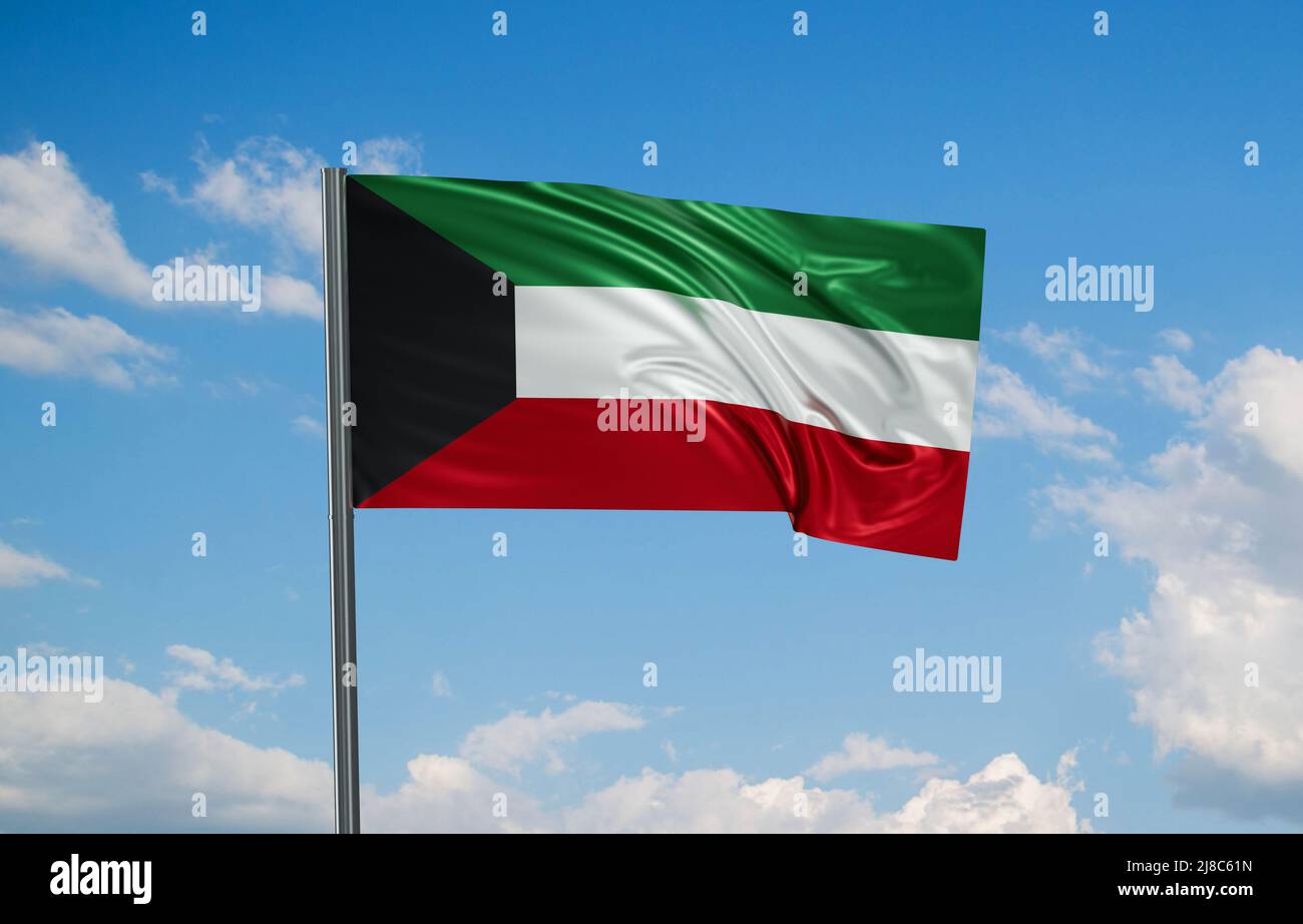 Kuwait national flag waving in the wind. Sky background 3D illustration ...