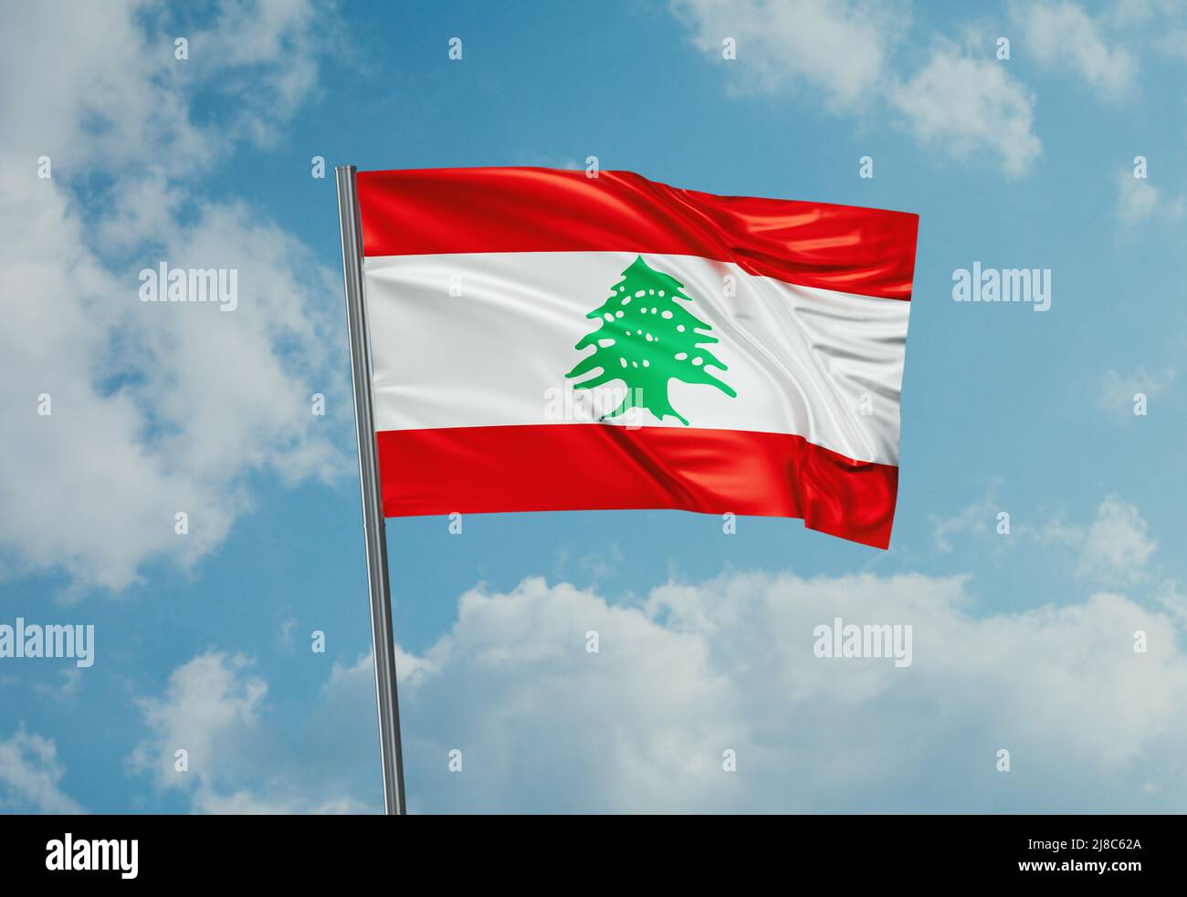 Lebanon national flag waving in the wind. Sky background 3D ...