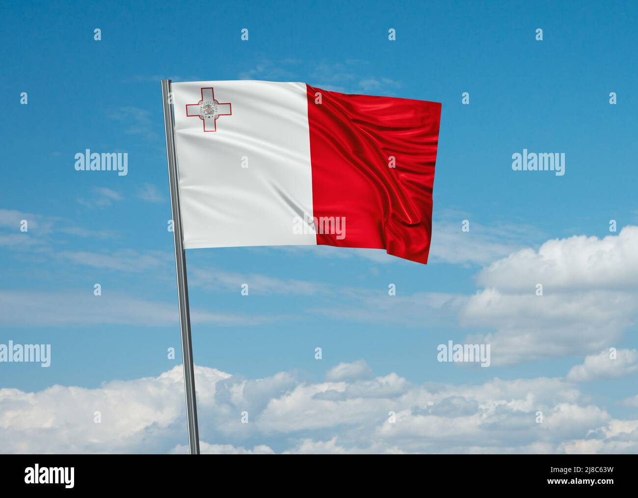Malta national flag waving in the wind. Sky background 3D illustration ...