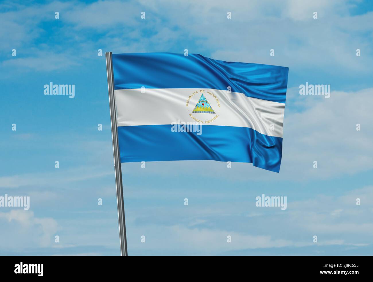 Nicaragua national flag waving in the wind. Sky background 3D illustration Stock Photo - Alamy