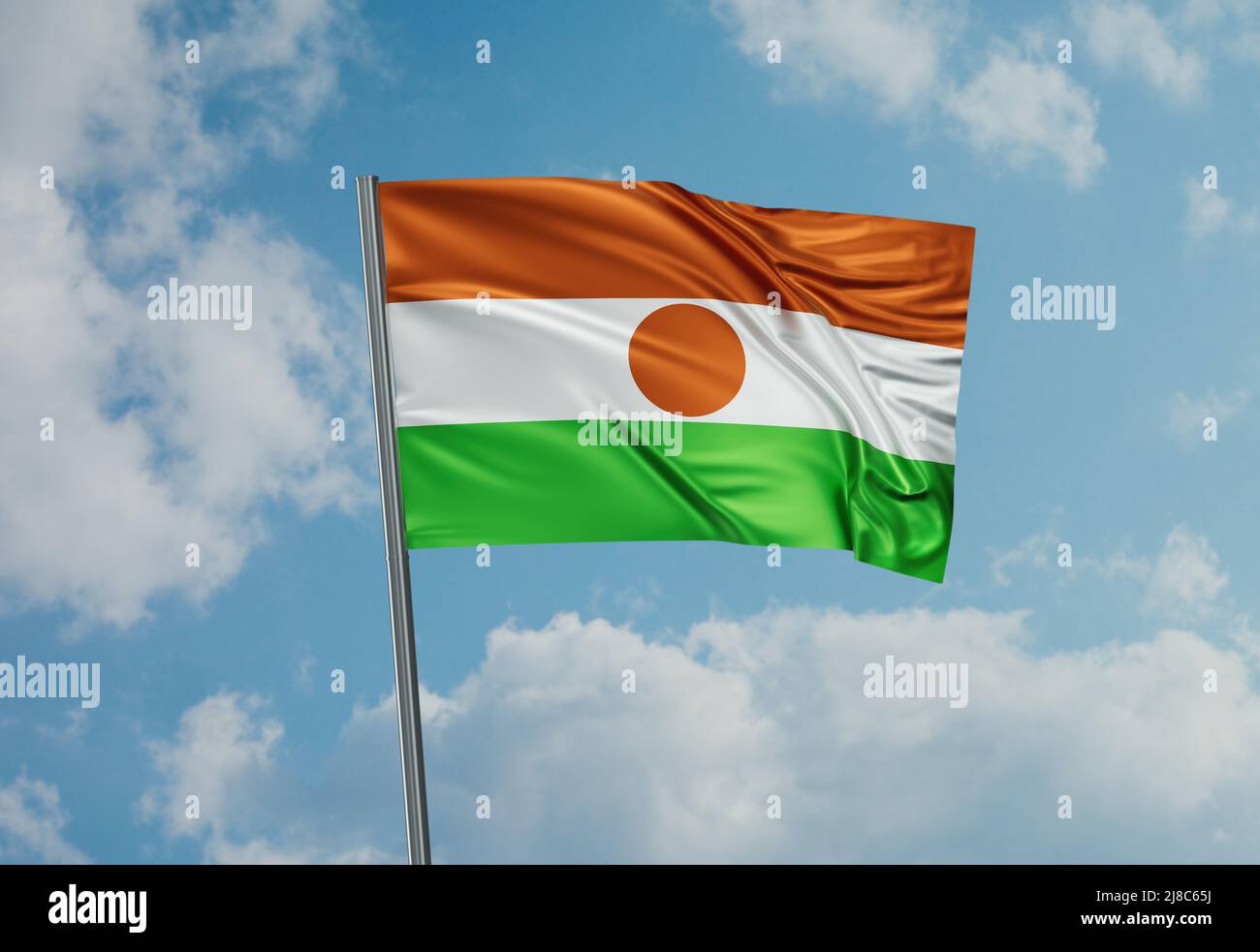 Niger national flag waving in the wind. Sky background 3D illustration ...
