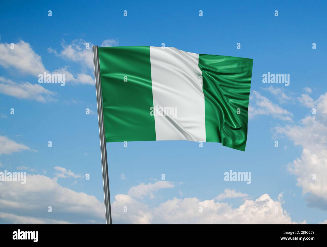 Nigeria national flag waving in the wind. Sky background 3D ...