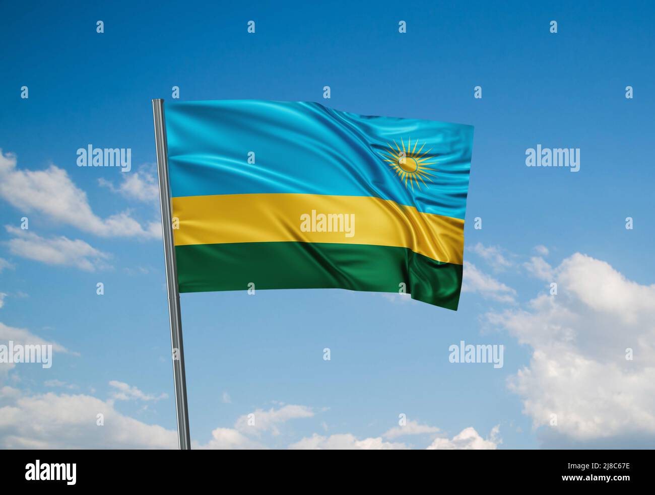 Rwanda national flag waving in the wind. Sky background 3D illustration Stock Photo - Alamy