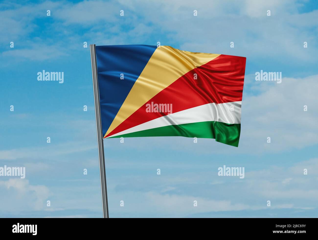 Seychelles national flag waving in the wind. Sky background 3D ...