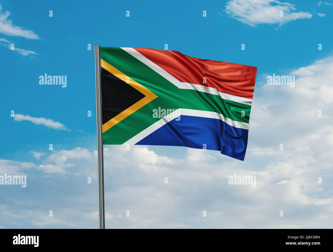 South Africa national flag waving in the wind. Sky background 3D ...