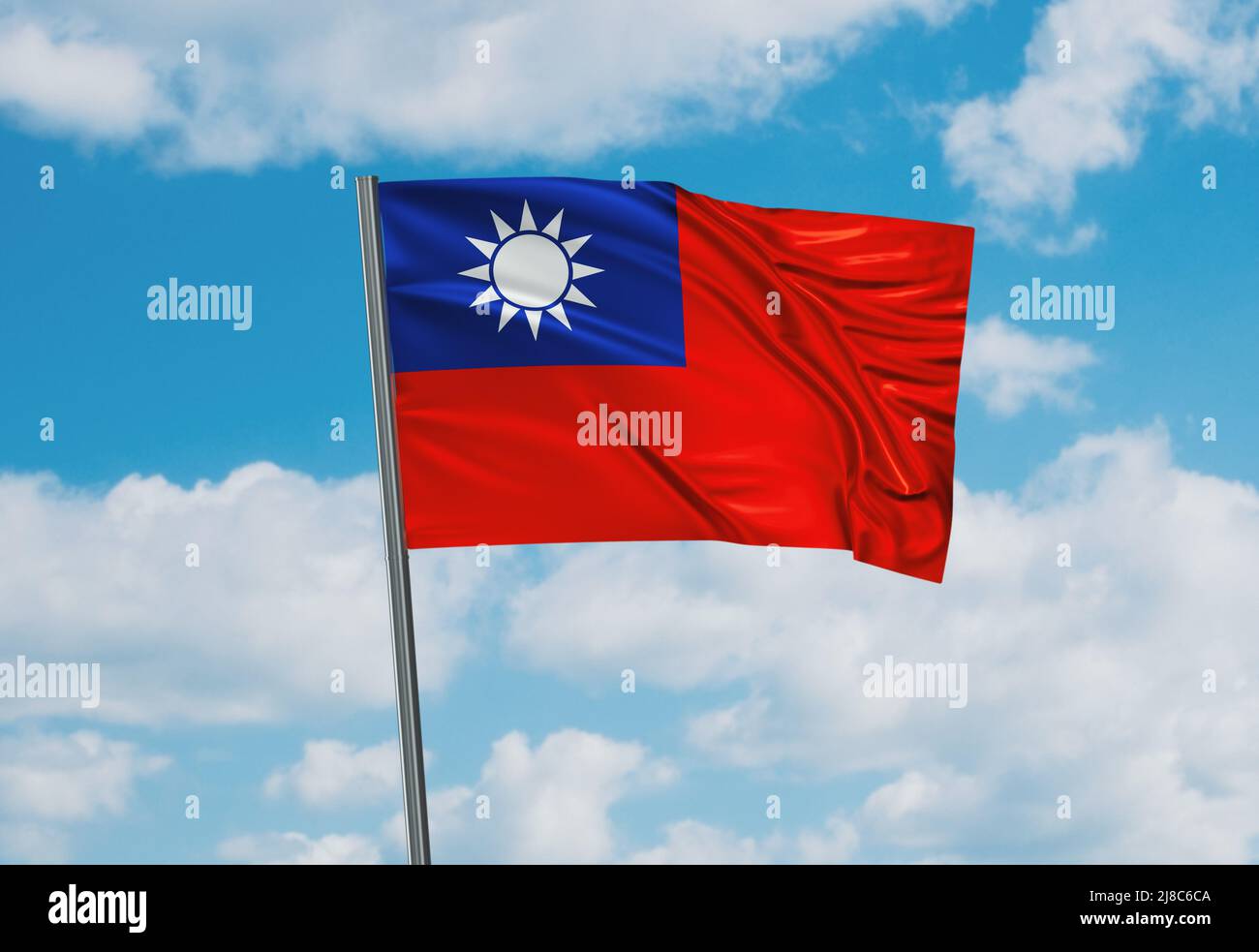 Taiwan, Republic of China national flag waving in the wind. Sky ...