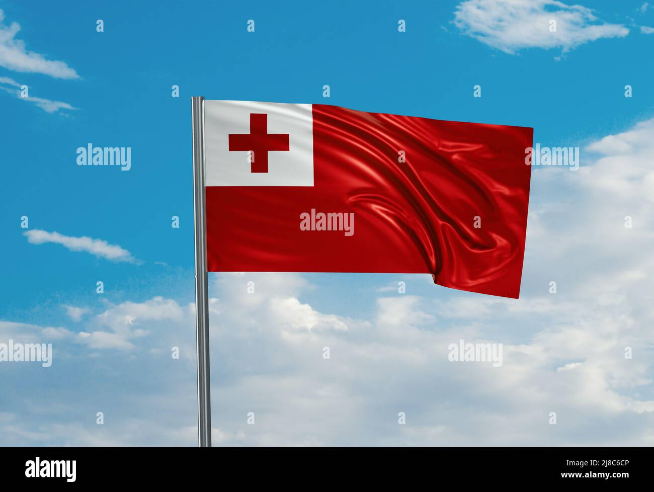 Tonga national flag waving in the wind. Sky background 3D illustration ...