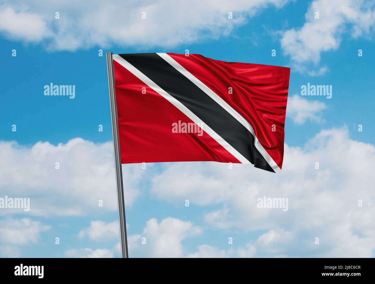 Trinidad and Tobago national flag waving in the wind. Sky background 3D illustration Stock Photo ...