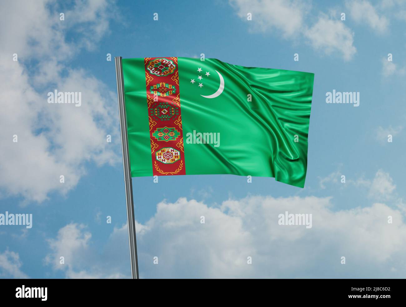 Turkmenistan National Flag Waving In The Wind Sky Background 3d