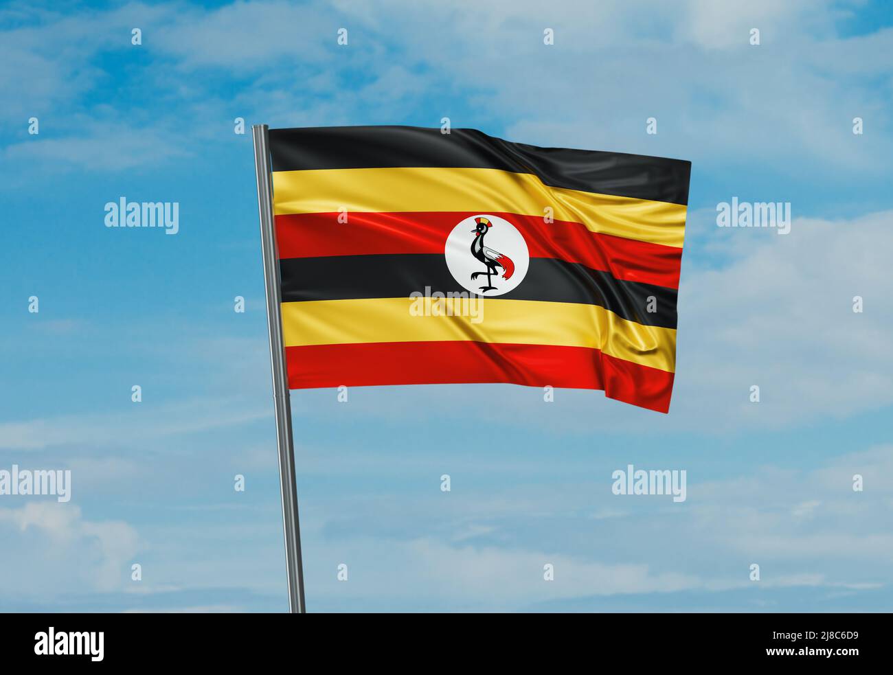 Uganda national flag waving in the wind. Sky background 3D illustration ...