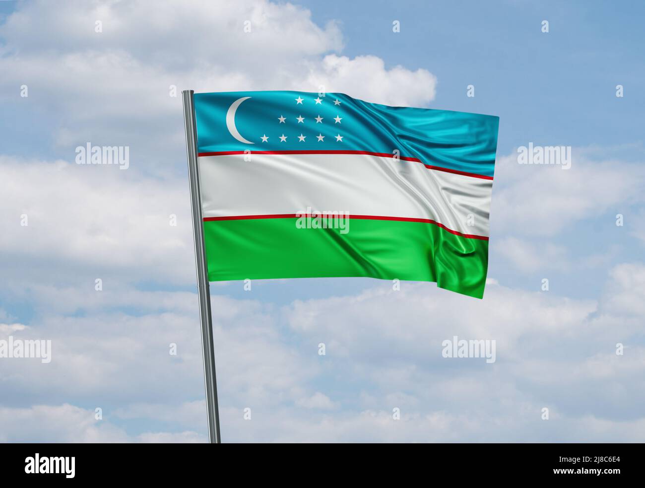 Uzbekistan national flag waving in the wind. Sky background 3D ...