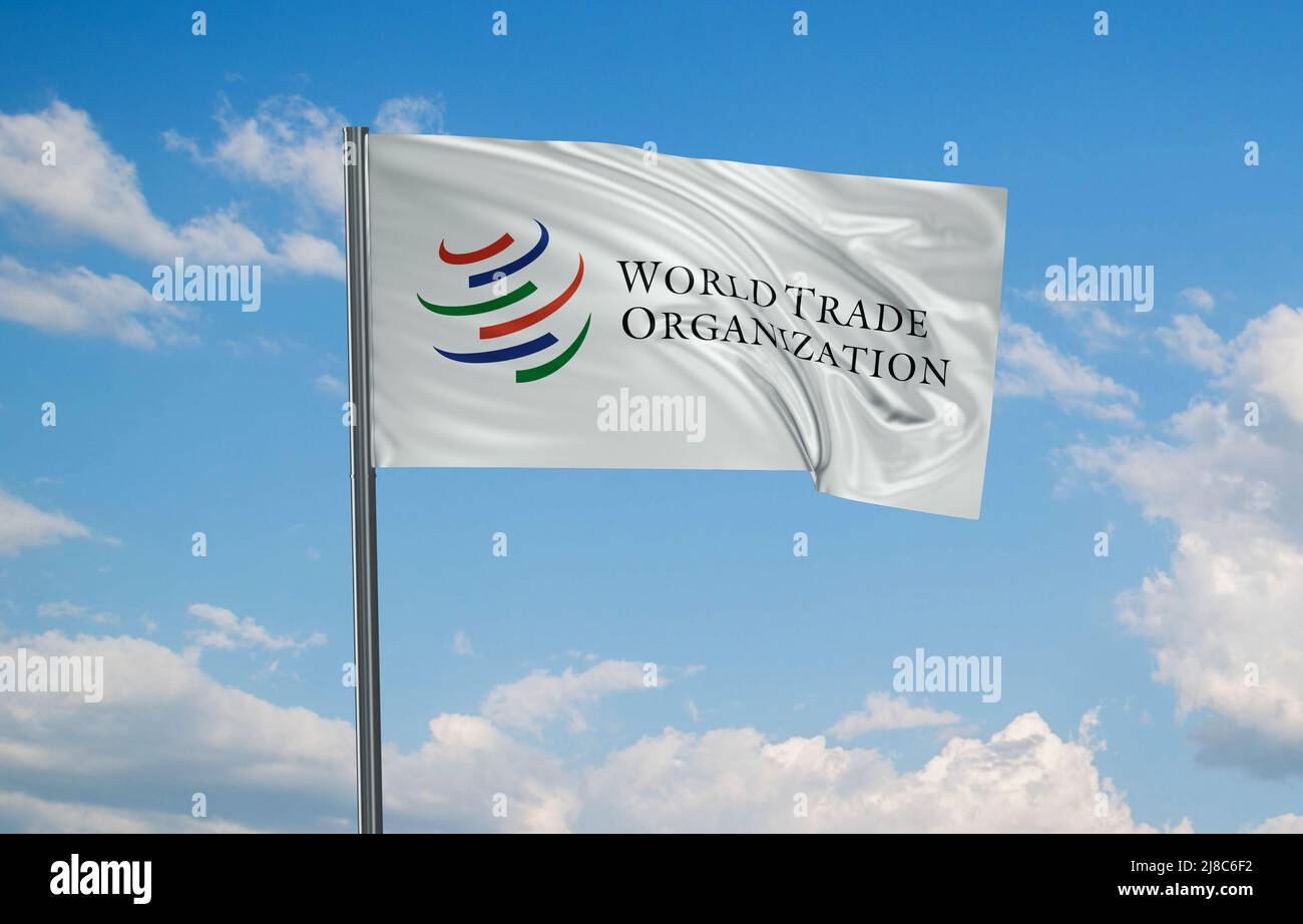 World Trade Organization, WTO flag waving in the wind. Sky background ...