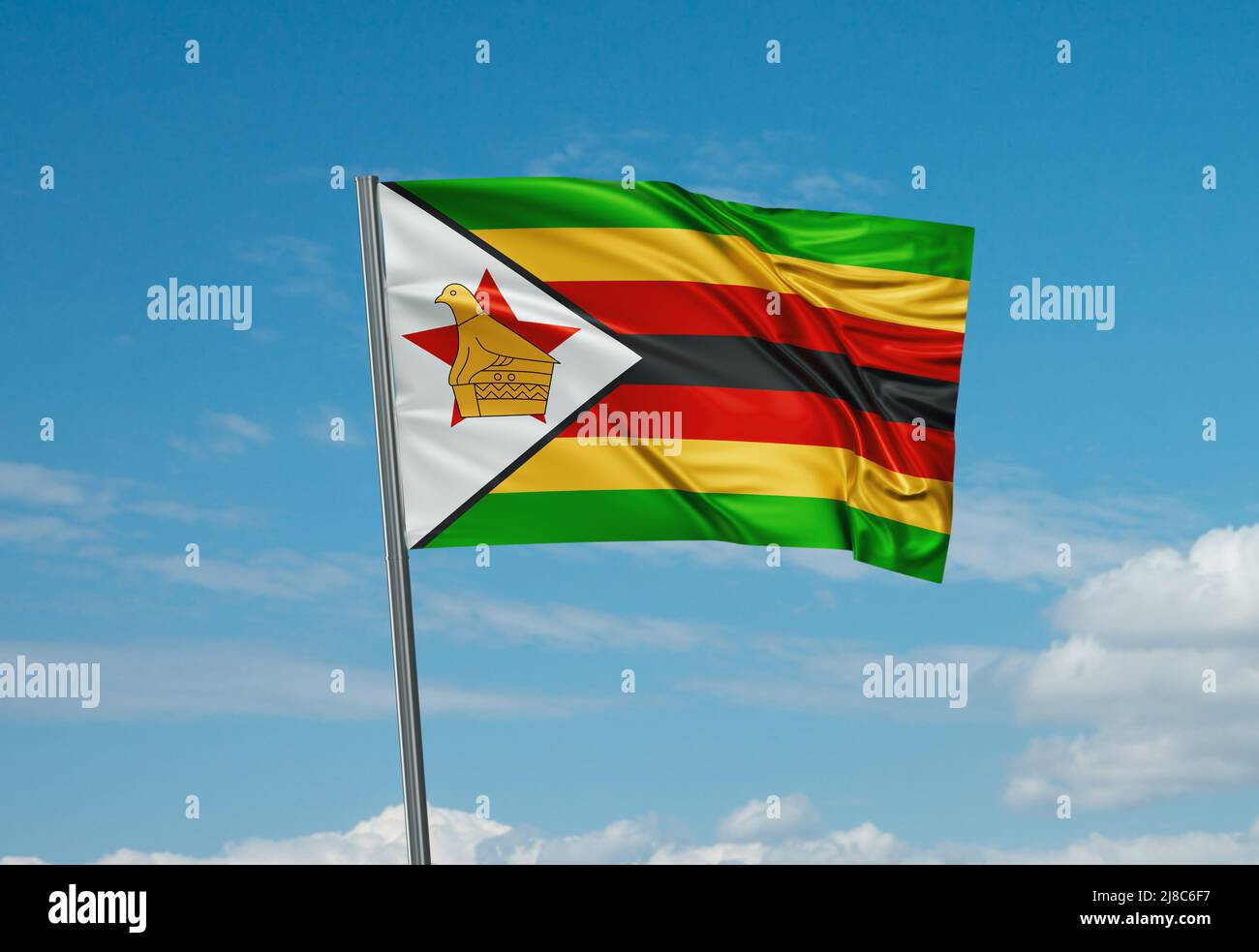 Zimbabwe national flag waving in the wind. Sky background 3D ...