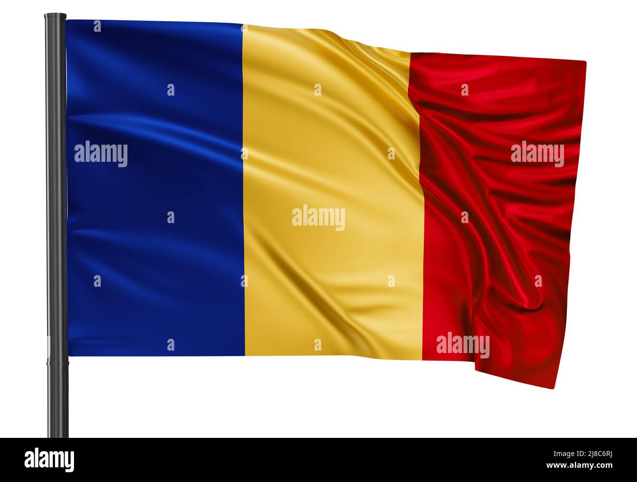 Romania national flag waving in the wind. Isolated on white background ...