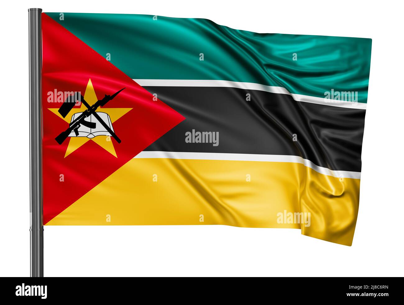 Mozambique national flag waving in the wind. Isolated on white ...