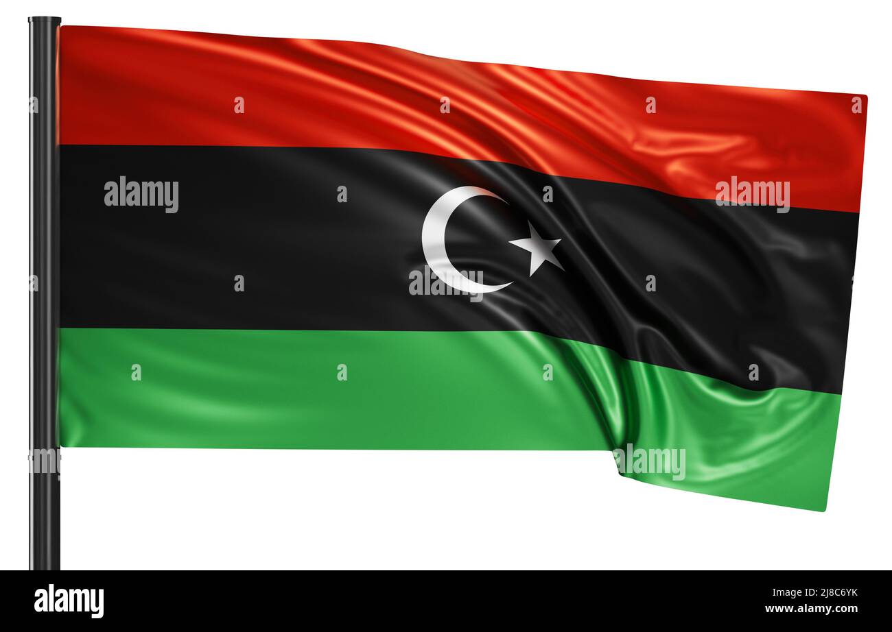 Libya national flag waving in the wind. Isolated on white background 3D ...
