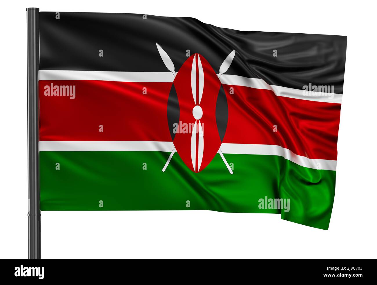 Kenya national flag waving in the wind. Isolated on white background 3D ...