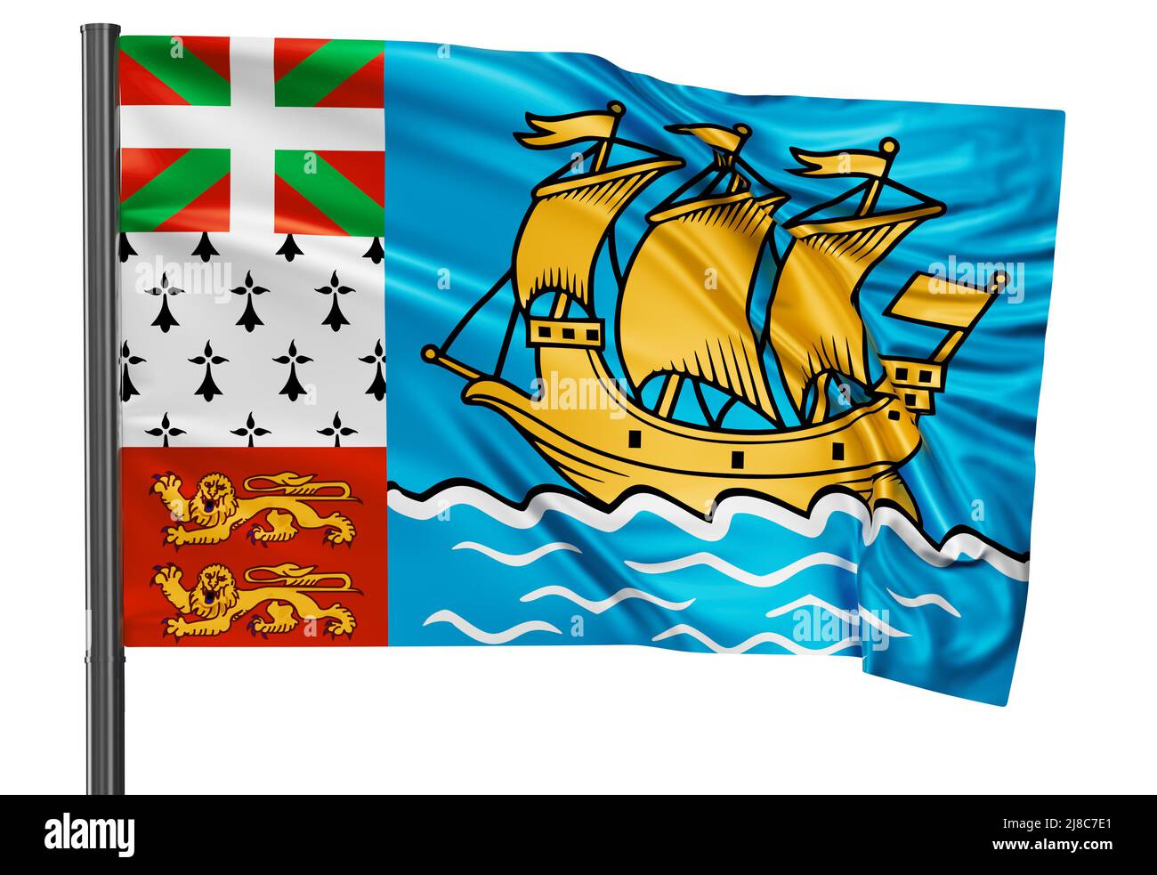 Saint Pierre and Miquelon national flag waving in the wind. Isolated on ...