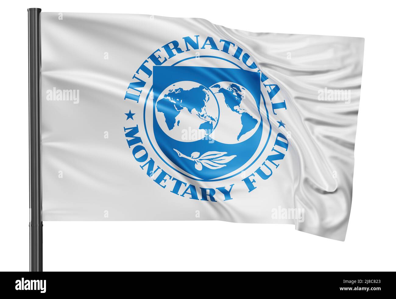 International Monetary Fund IMF national flag waving in the wind. Isolated on white background ...