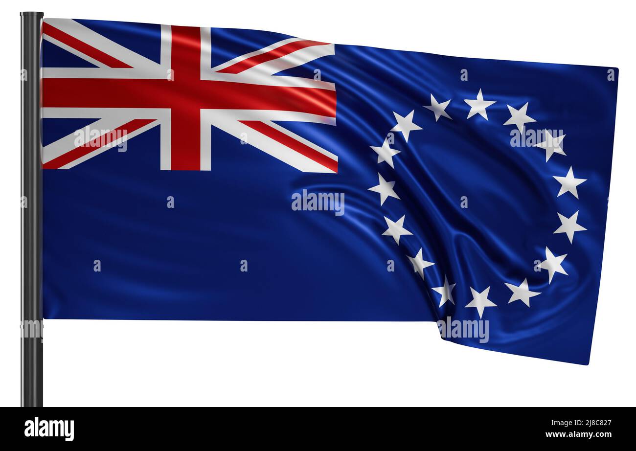 Cook Islands national flag waving in the wind. Isolated on white ...