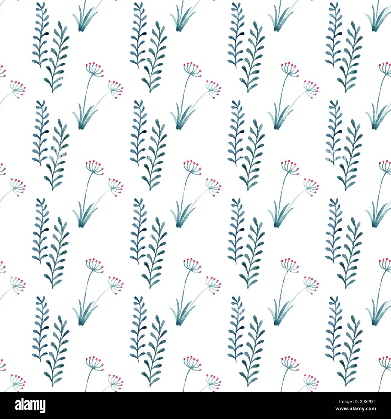 Watercolor seamless pattern with green hand painted leaves and herbs ...