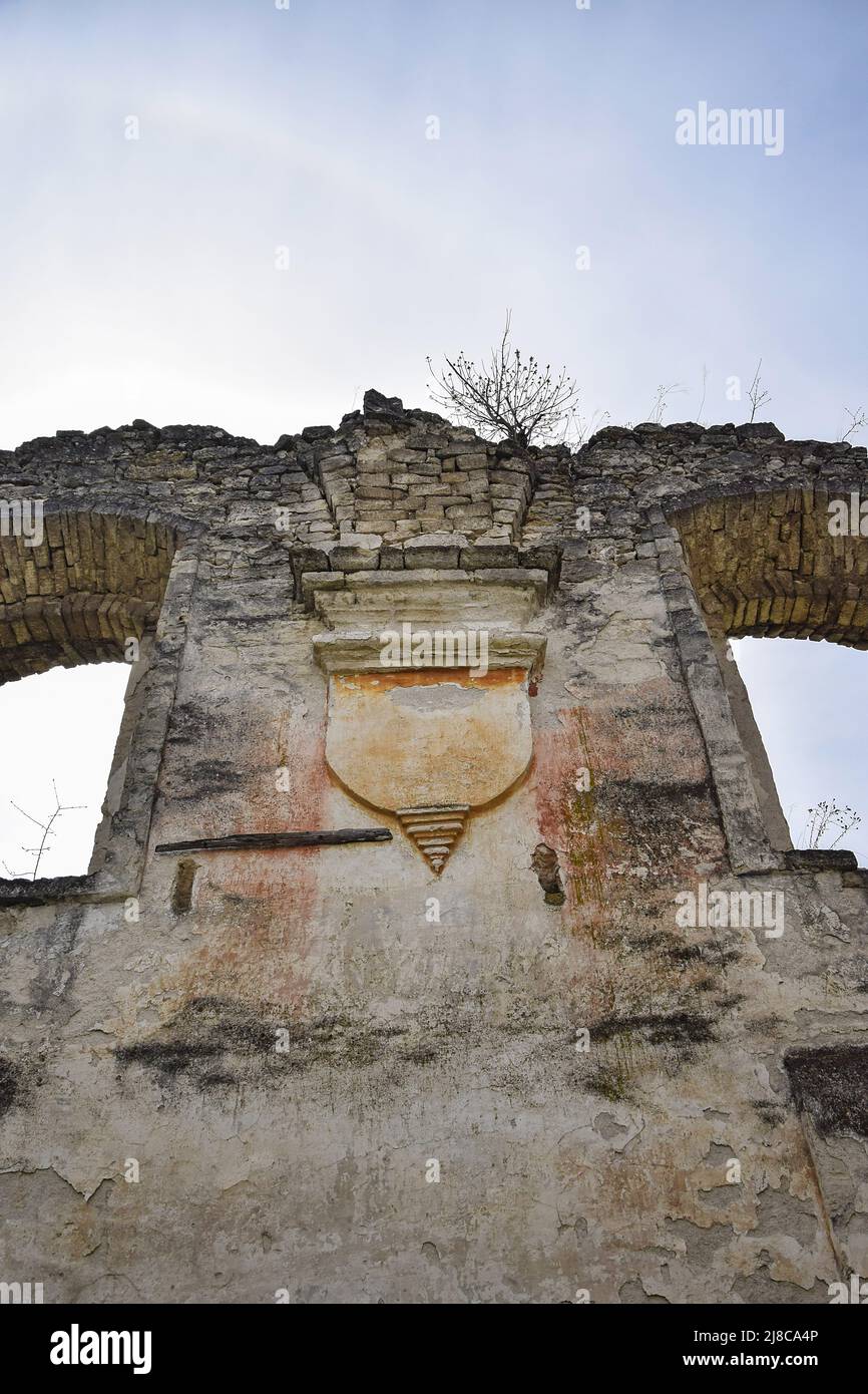 Religious symbol. Ruins of an ancient synagogue with arched windows ...