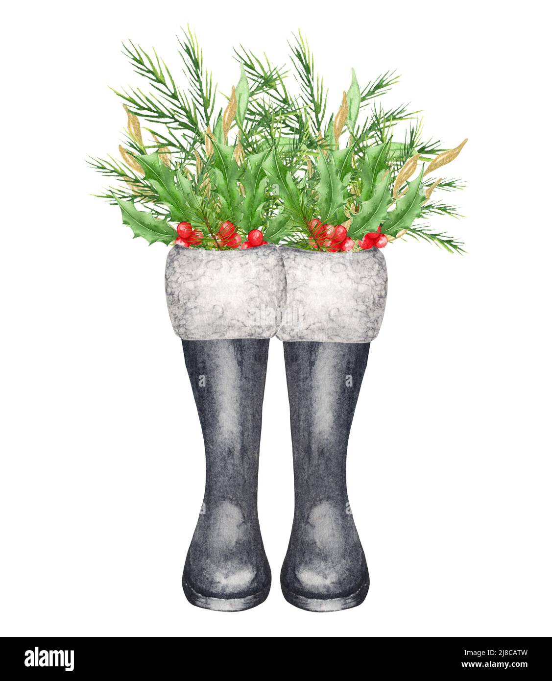 Watercolor christmas boots with christmas decorations, Pine tree and ...