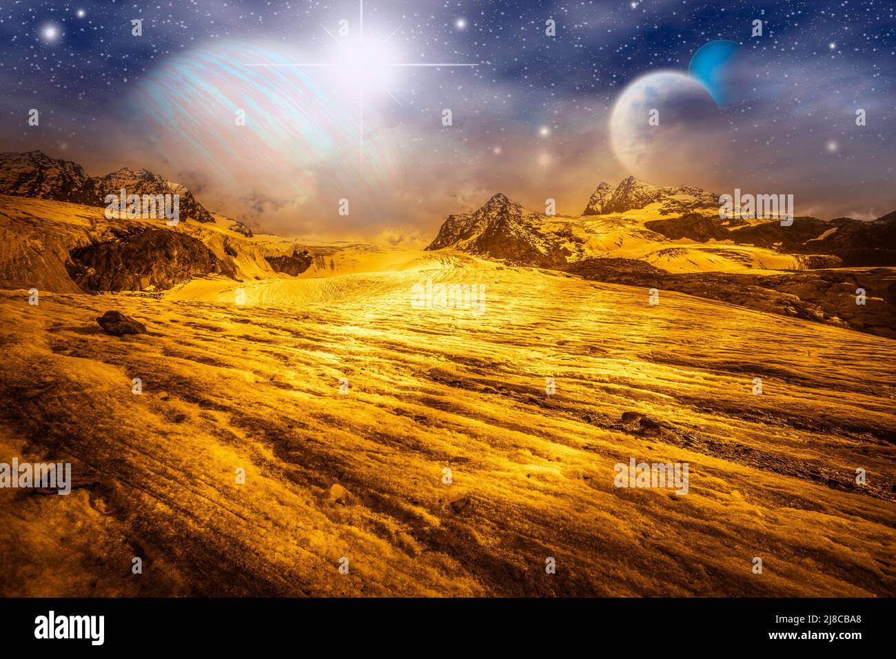 Photo montage of alien golden landscape, with sky full of stars and ...
