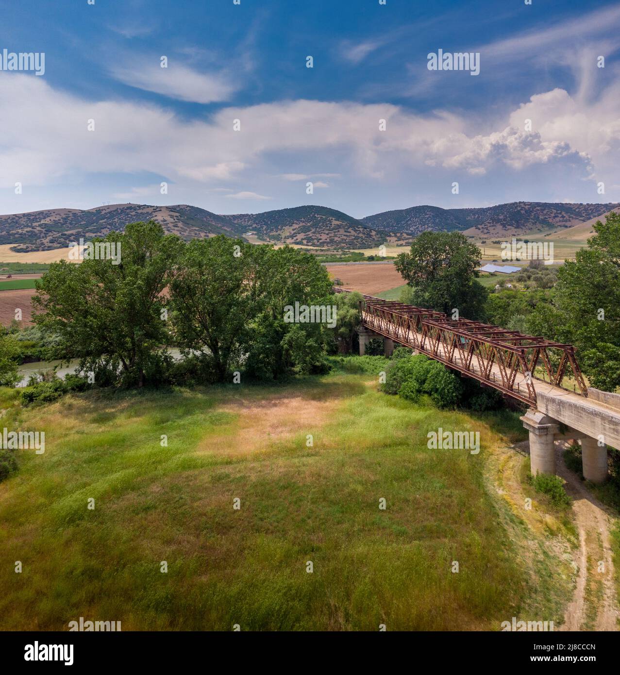 Aerial rural landscape with an old metal bridge Stock Photo - Alamy
