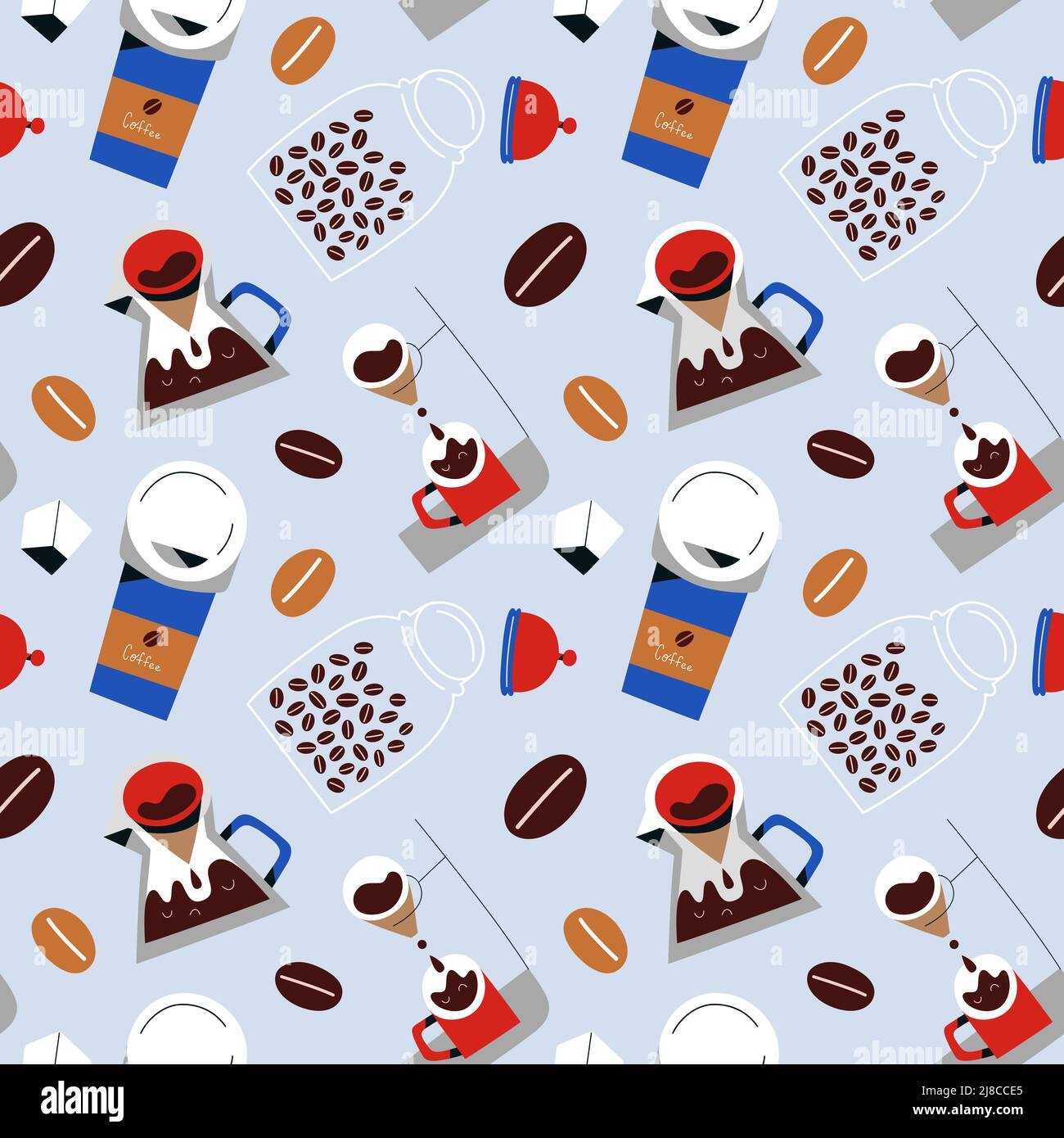 Coffee shop print, pour over filter coffee maker and espresso cup, hand ...