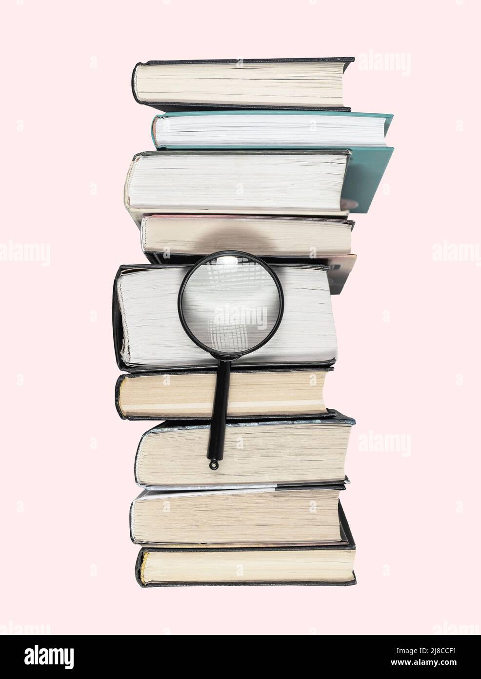 High books stack with magnifying glass. Research conducting, important ...