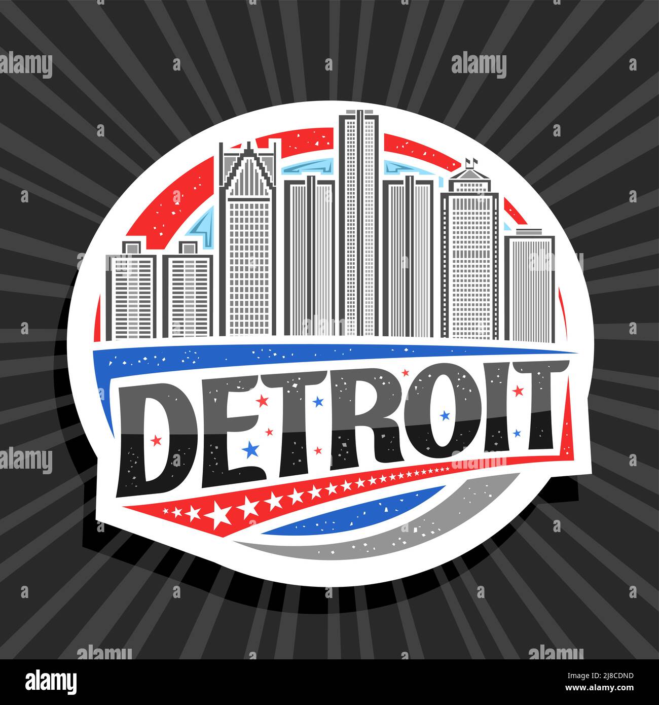 Vector logo for Detroit, white decorative label with line illustration ...