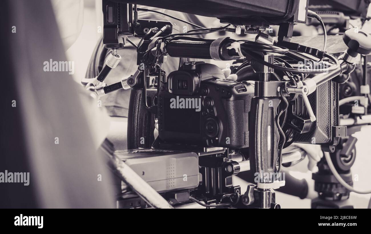 Cinema Camera on Film Set, Behind the scenes background, film crew ...