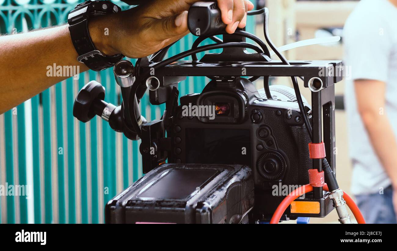 Cinema Camera on Film Set, Behind the scenes background, film crew ...